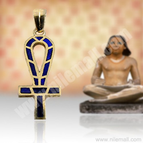 18K Gold Ankh Key Pendant Decorated with Blue Enamel | NILE MALL
